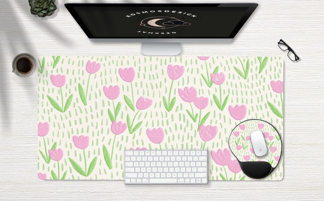 Floral Desk Mat, Pink Flower Desk Pad, Green Desk Mat, Desk Mat Cute ...