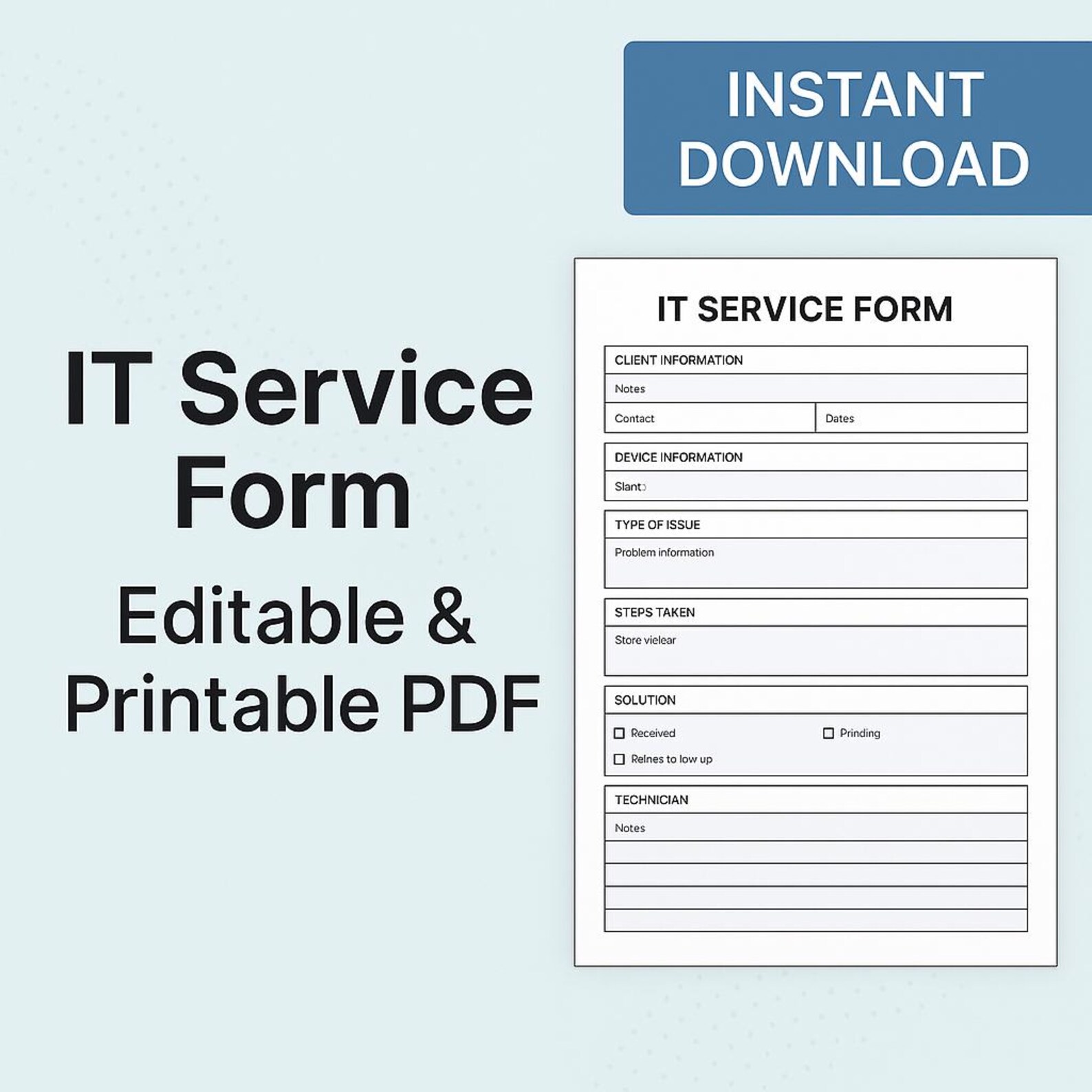 IT Service Form | Editable & Printable PDF | Tech Support Log | Client ...