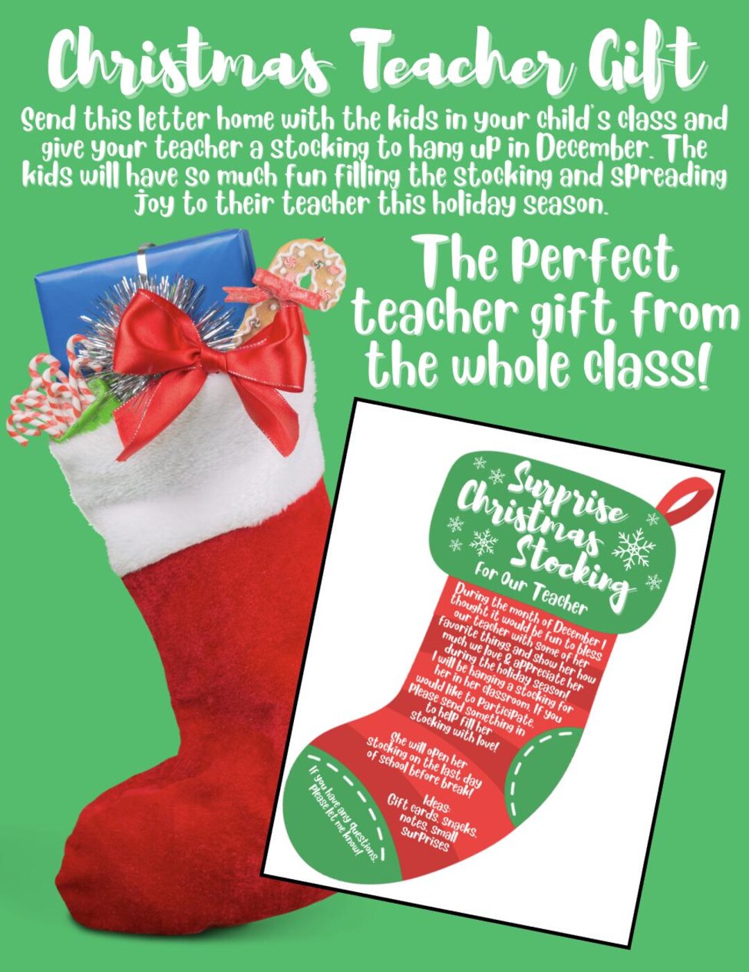 Christmas Stocking Teacher Gift Letter (class Gift) - Etsy