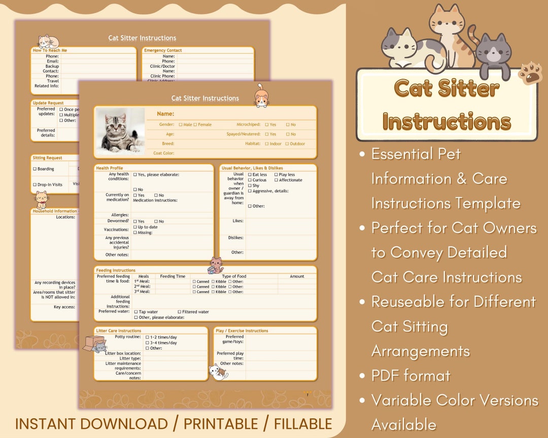 Cat Sitter Instructions Template, Pet Care Guide, Cat Care Planner ...