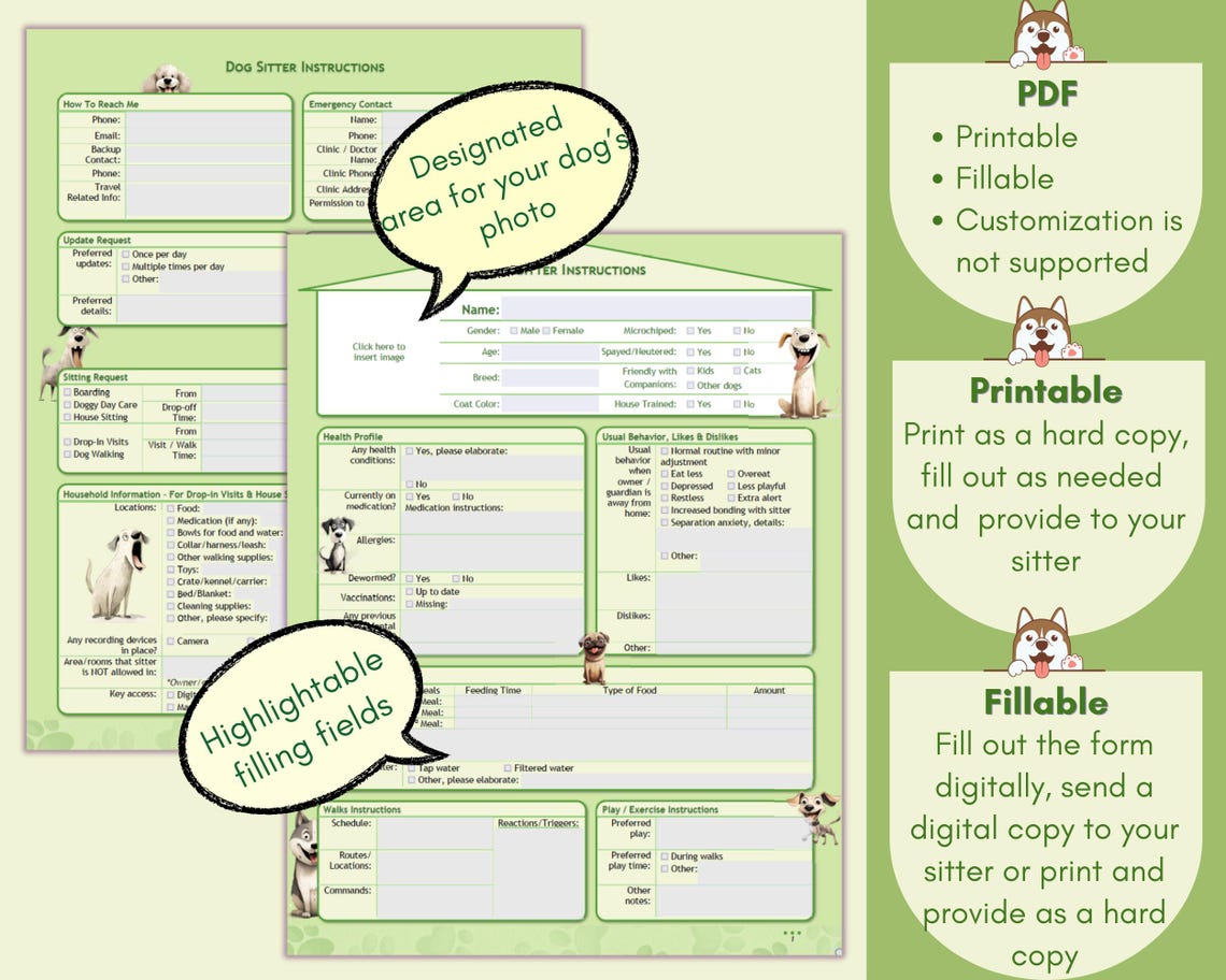 Dog Sitter Instructions Template, Pet Care Guide, Dog Walking ...