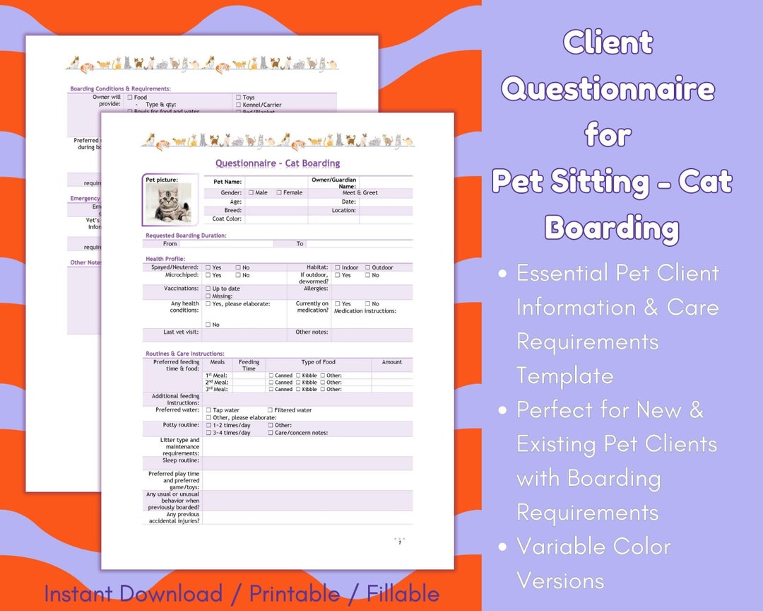 Cat Boarding Client Questionnaire: Pet Sitting Intake Form, Sitting ...