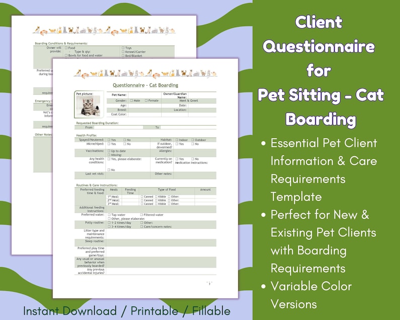 Client Questionnaire for Pet Sitting Cat Boarding Care Instructions ...