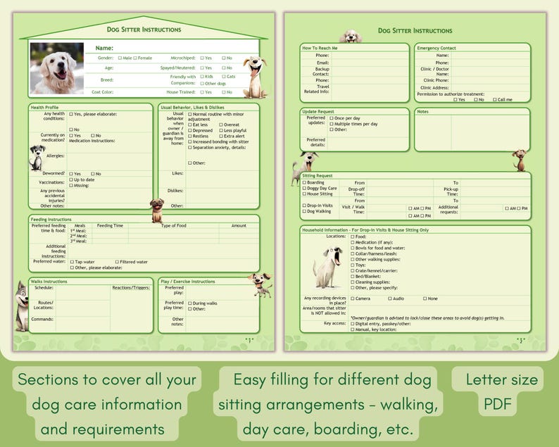 Dog Sitter Instructions Template, Pet Care Guide, Dog Walking ...