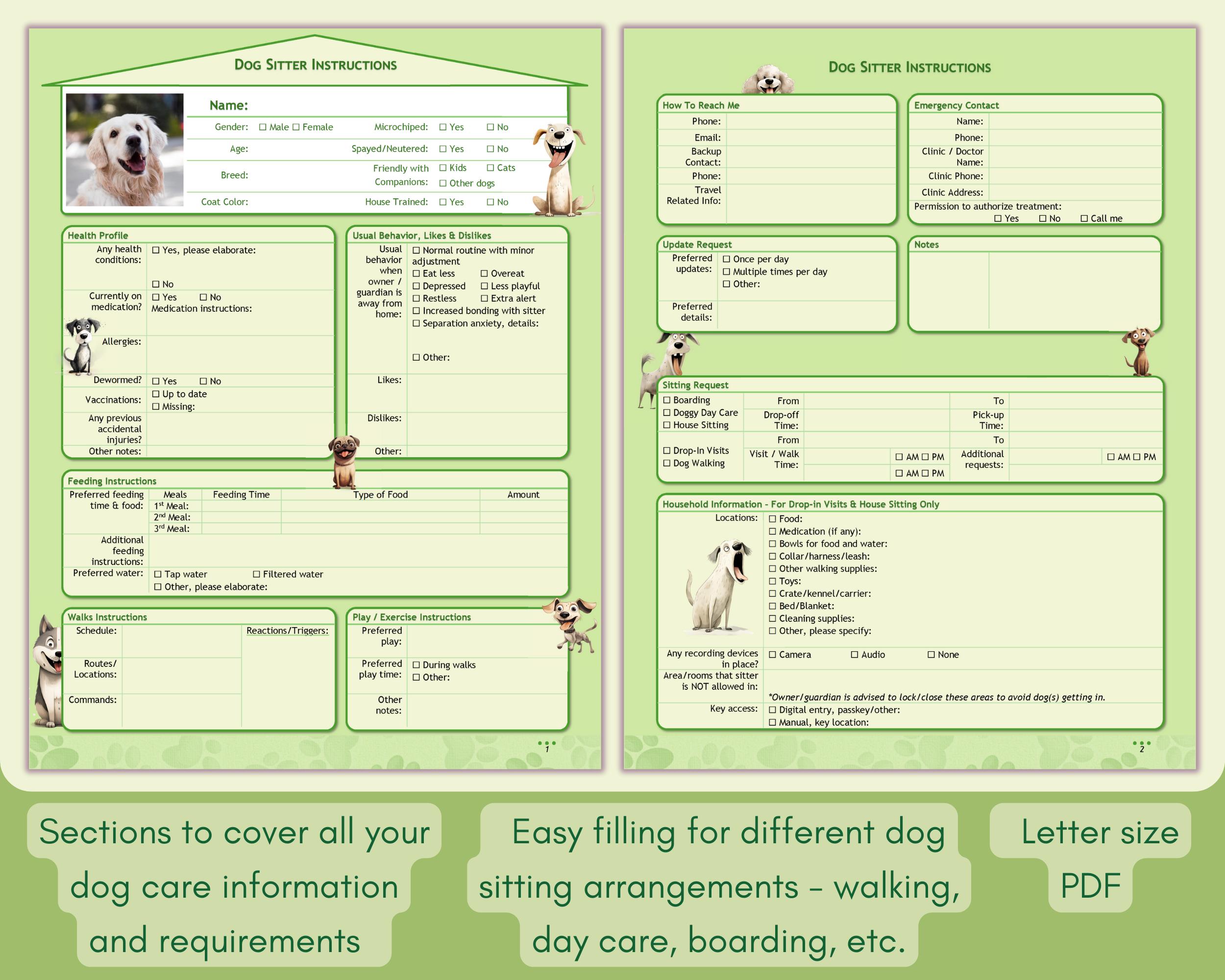 Dog Sitter Instructions Template, Pet Care Guide, Dog Walking ...