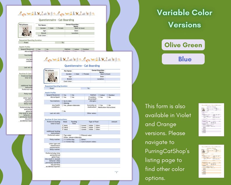 Client Questionnaire for Pet Sitting Cat Boarding Care Instructions ...