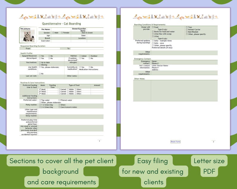 Client Questionnaire for Pet Sitting Cat Boarding Care Instructions ...