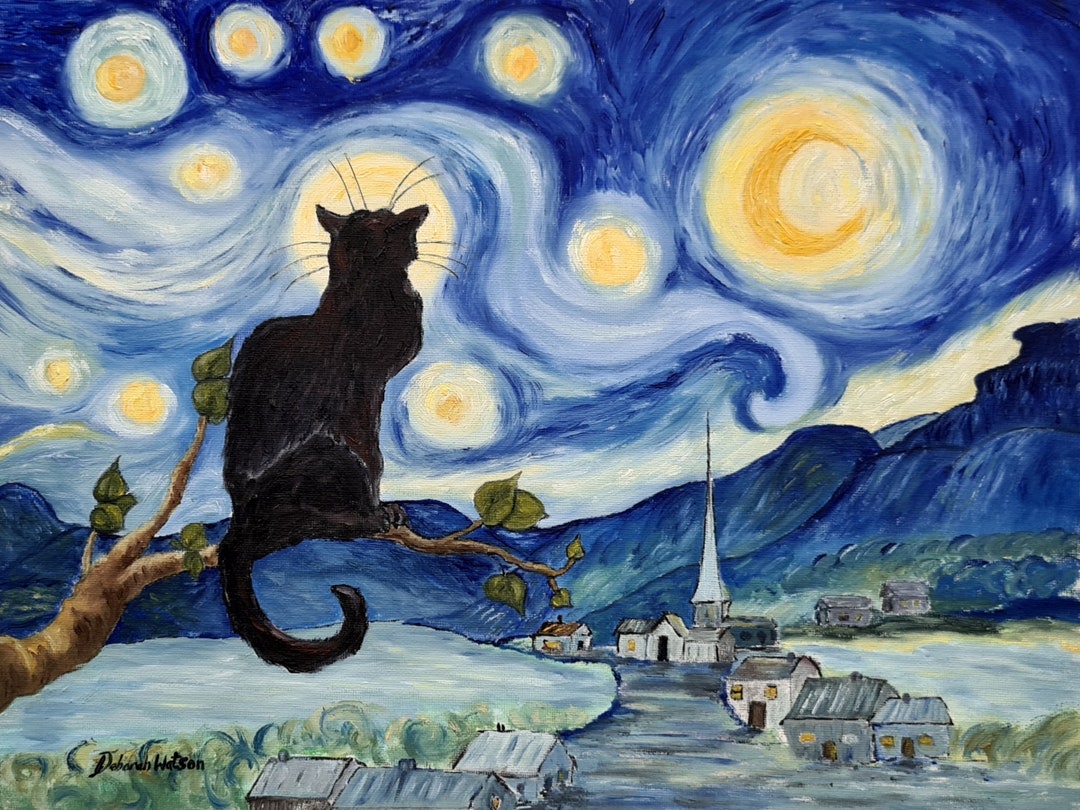 Starry Night Black Cat Le Chat Noir Art Print Oil - Etsy