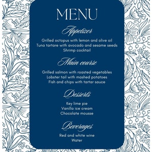 White Blue Elegant Wedding Menu - Etsy
