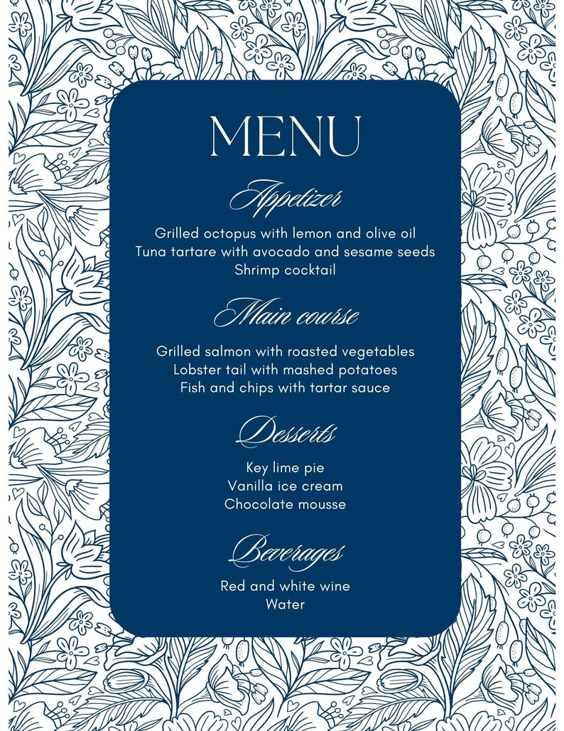 White Blue Elegant Wedding Menu - Etsy