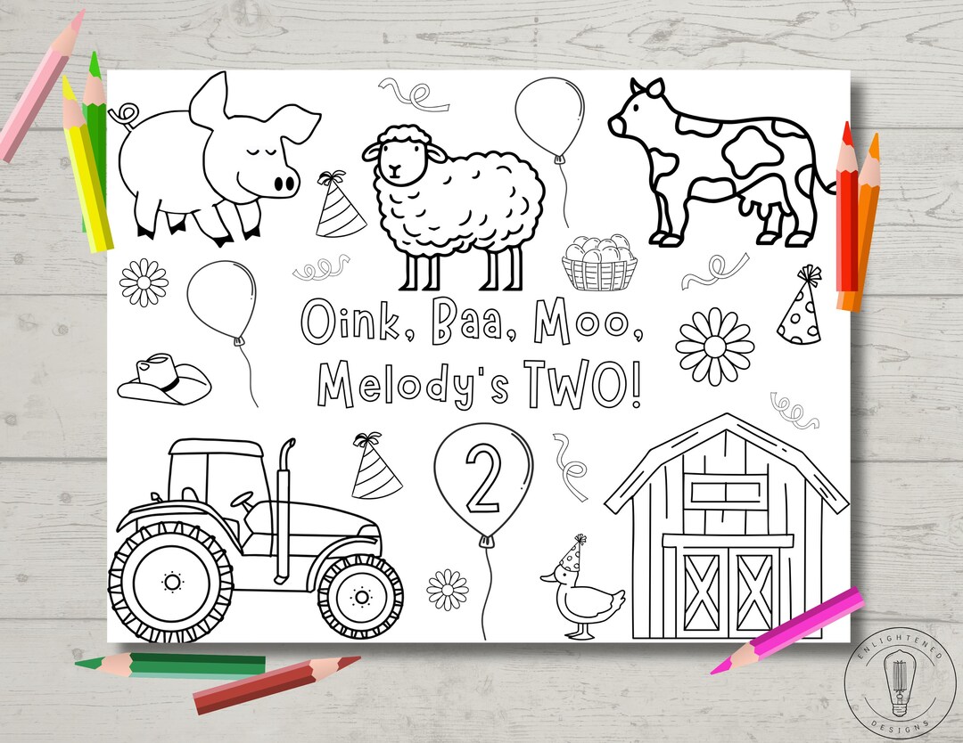 Oink, Baa, Moo, I'm TWO Birthday Coloring Page | Farm Barnyard Bday ...