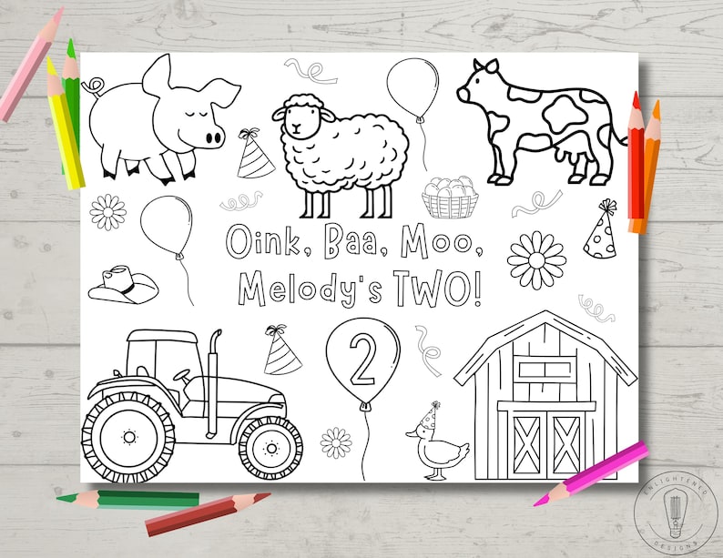 Oink, Baa, Moo, I'm TWO Birthday Coloring Page | Farm Barnyard Bday ...