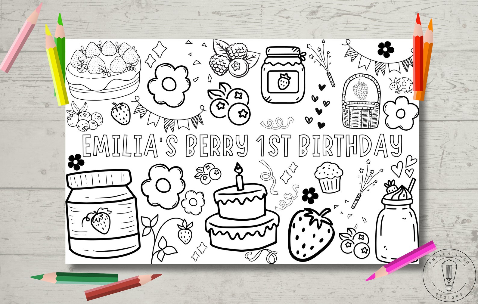 Berry First Birthday Coloring Page | Birthday Activity | Birthday Decor ...