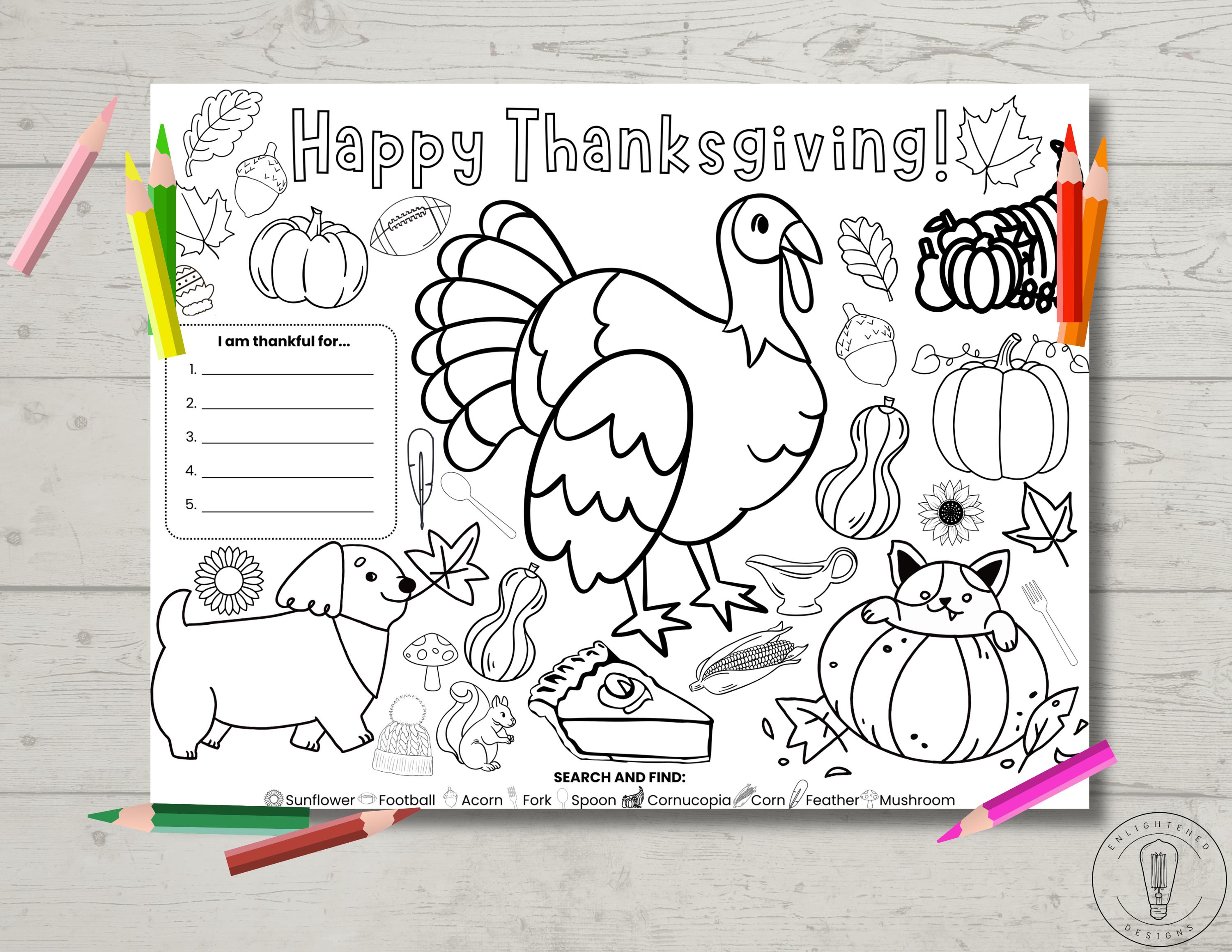 Thanksgiving Coloring Sheet Placemat | Holiday Party Decor | Thankful ...