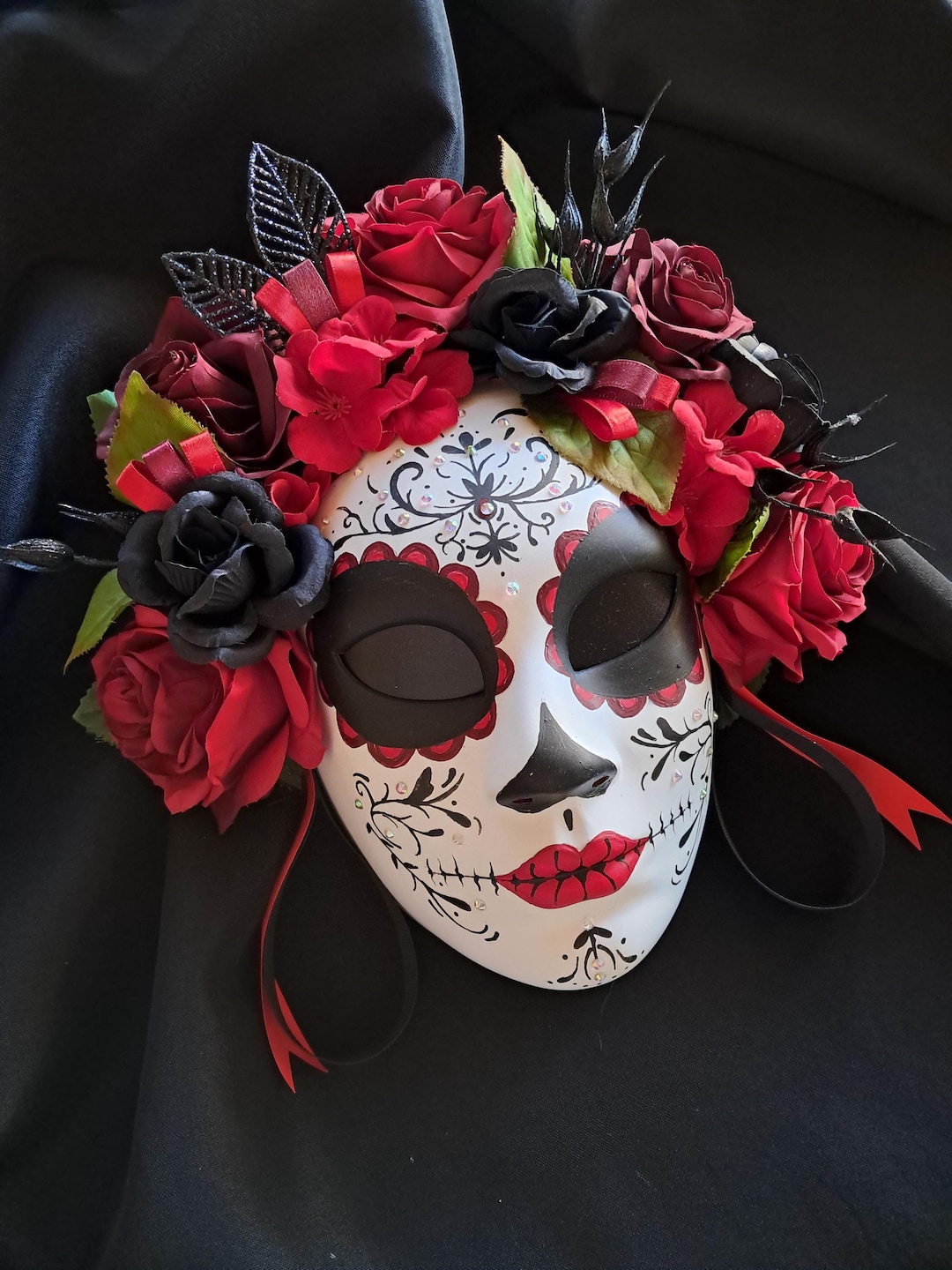 Day of the Dead Catrina Mask (dia De Los Muertos) / White Base With Red ...