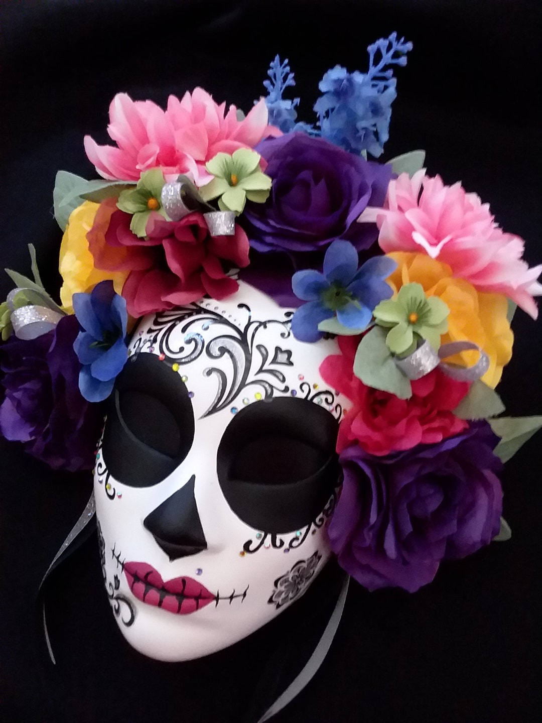 Day of the Dead Hand Painted Catrina Mask dia De Los Muertos / White W ...