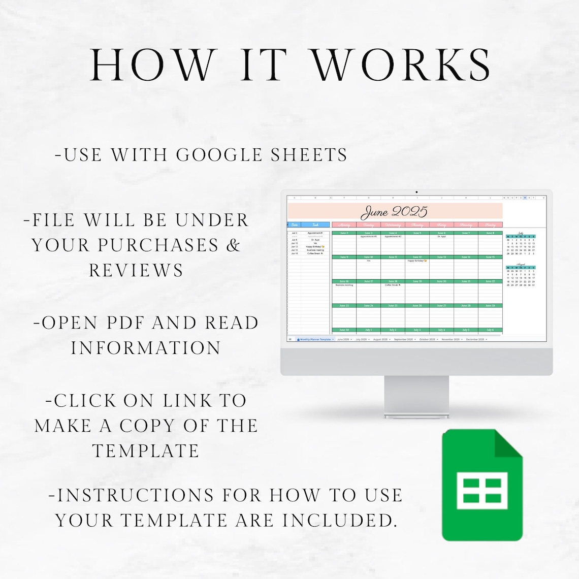 Monthly Calendar Google Sheets Template | Undated Digital Spreadsheet ...