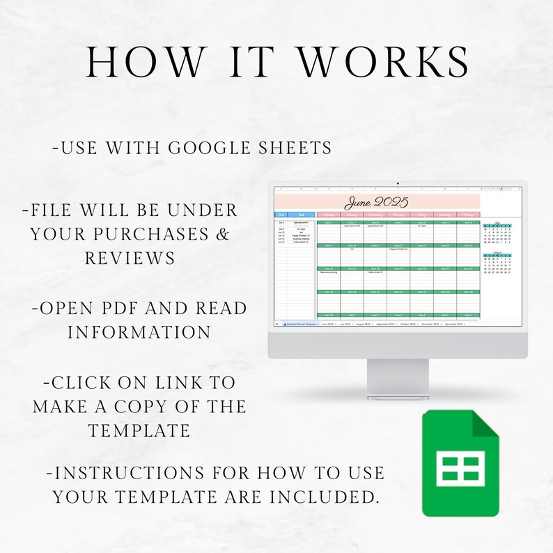 Monthly Calendar Google Sheets Template | Undated Digital Spreadsheet ...