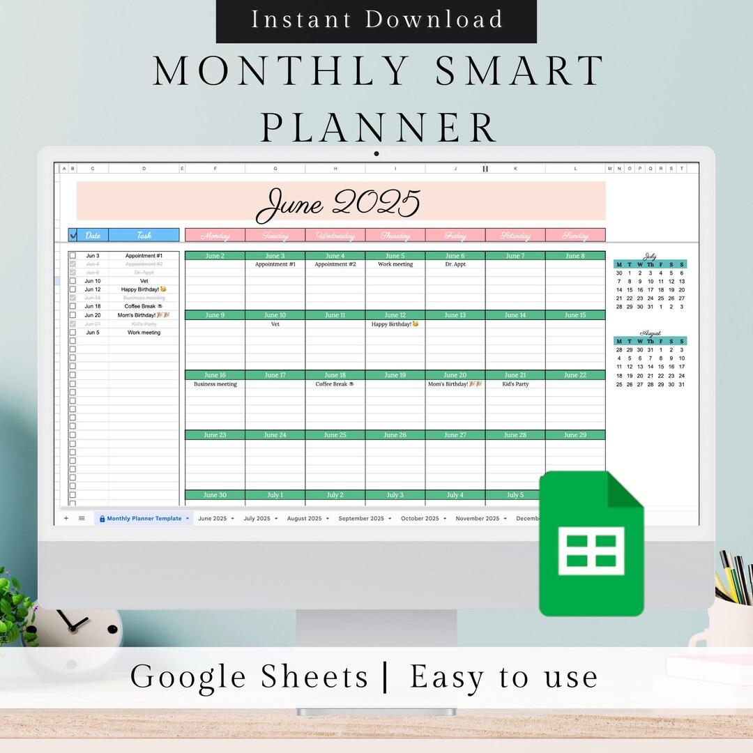 Monthly Calendar Google Sheets Template | Undated Digital Spreadsheet ...
