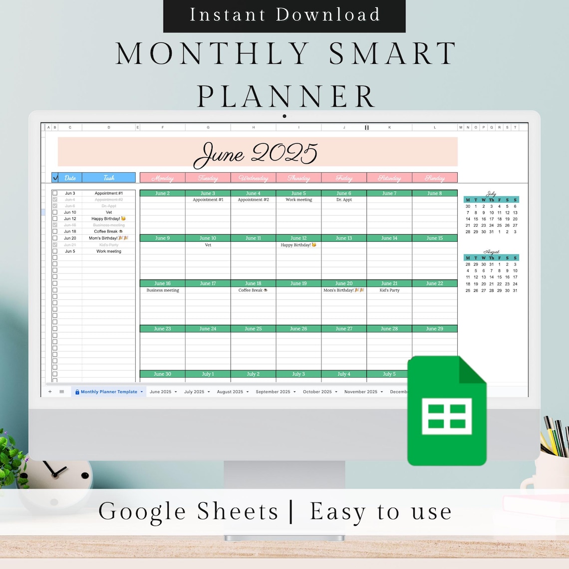 Monthly Calendar Google Sheets Template | Undated Digital Spreadsheet ...