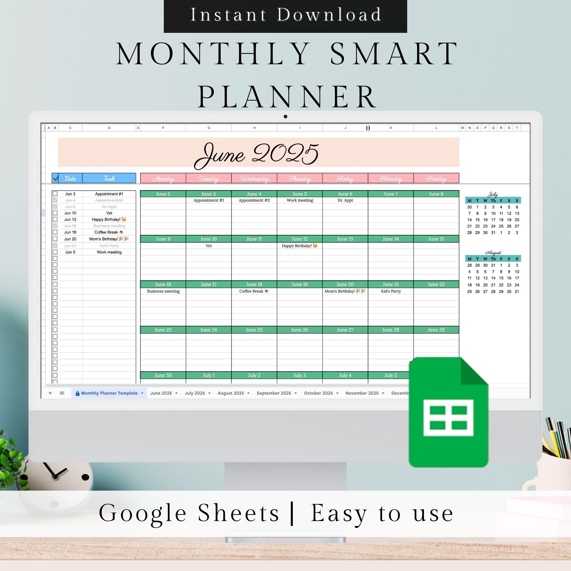 Monthly Calendar Google Sheets Template | Undated Digital Spreadsheet ...
