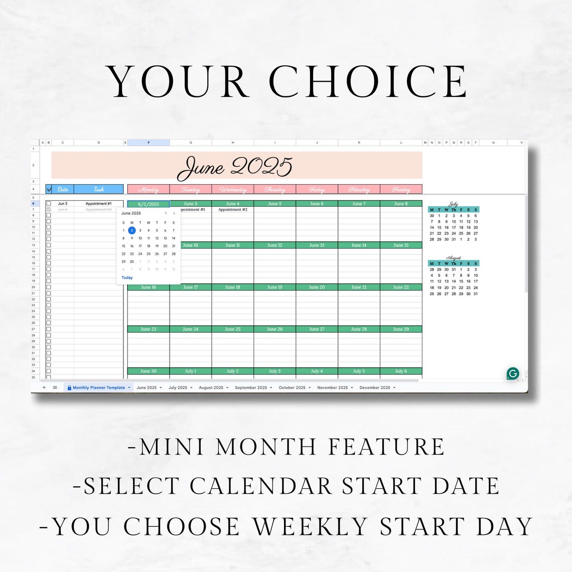 Monthly Calendar Google Sheets Template | Undated Digital Spreadsheet ...