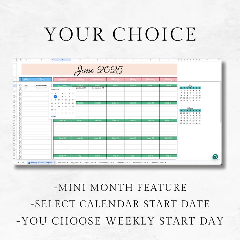Monthly Calendar Google Sheets Template | Undated Digital Spreadsheet ...