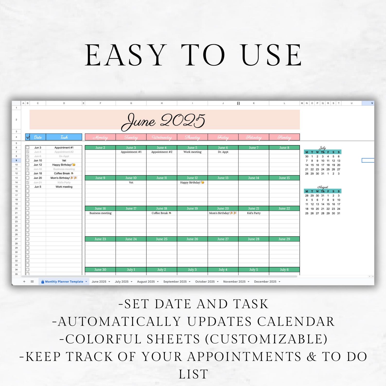 Monthly Calendar Google Sheets Template | Undated Digital Spreadsheet ...