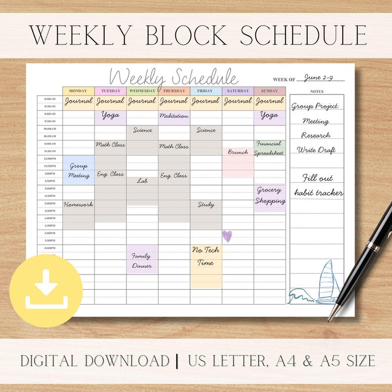 Weekly Block Schedule Printable: Hourly Time Blocking Planner (PDF ...