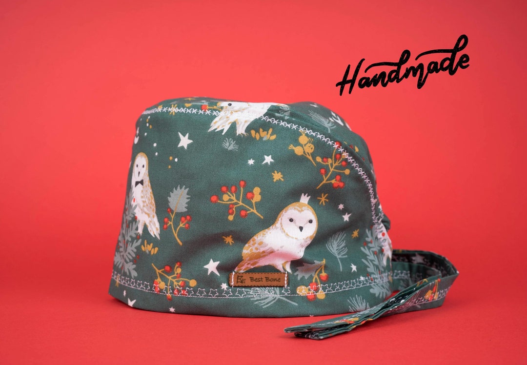 Owl Patterned Surgical Caps, Scrubs Cap, Unisex, Organic Cotton Fabric ...