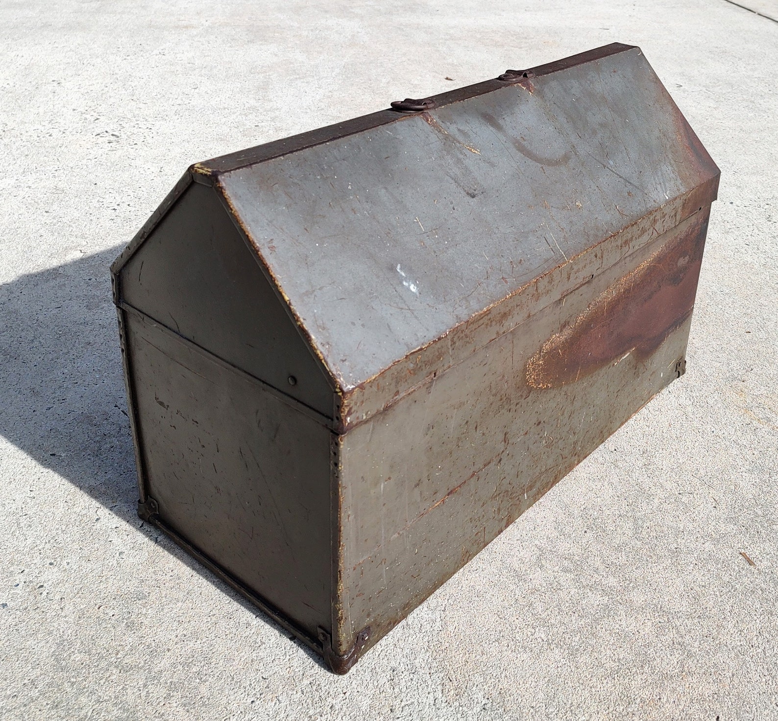 1920s Metal Tool Box Chest Oversized Industrial Machine Age Pyramid Top ...