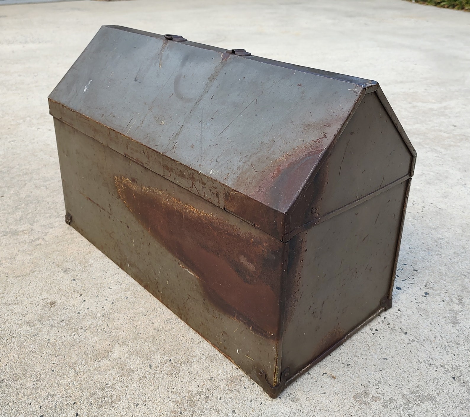 1920s Metal Tool Box Chest Oversized Industrial Machine Age Pyramid Top ...