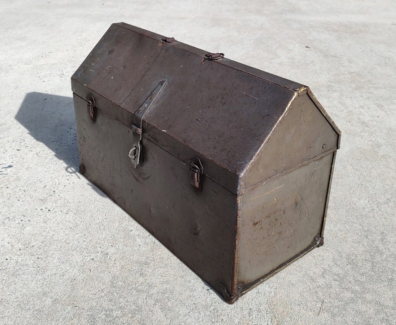 1920s Metal Tool Box Chest Oversized Industrial Machine Age Pyramid Top ...