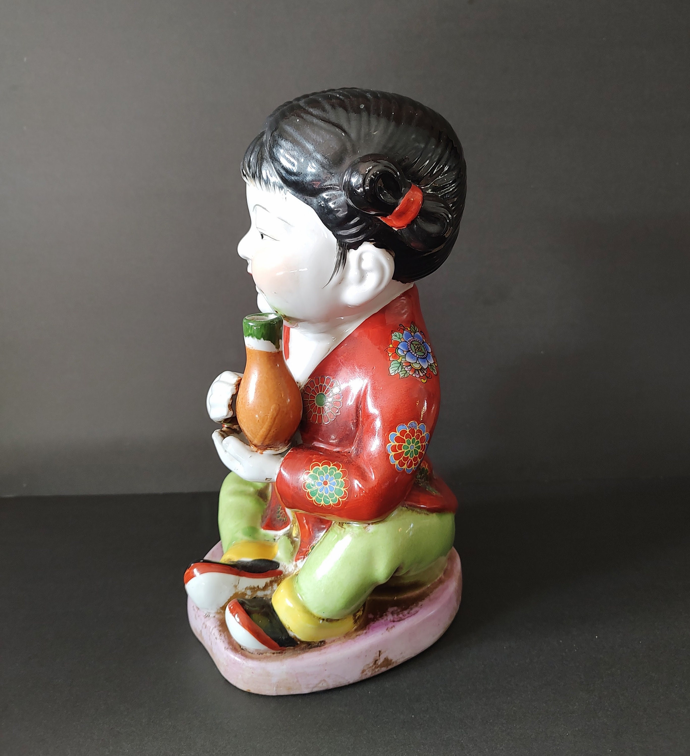 Vintage Chinese Girl & Boy Ceramic Statues With Vase Good Luck ...