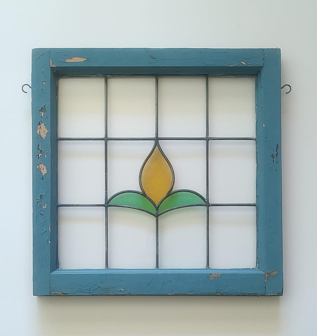 Leaded Stained Glass With Blue Window Frame & Hanging Hooks Shabby Boho ...