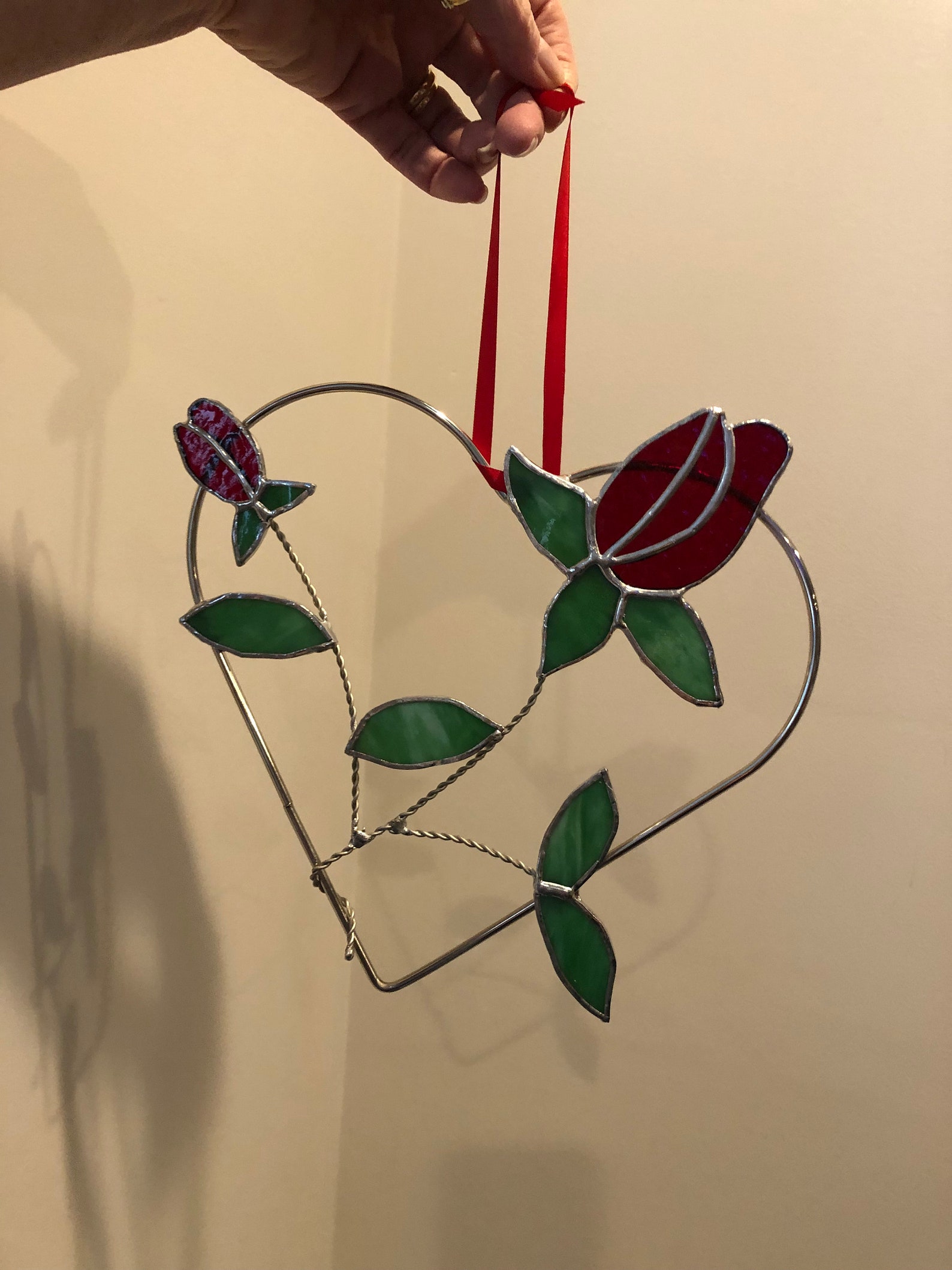 Hand Crafted Stained Glass Rose Heart - Etsy