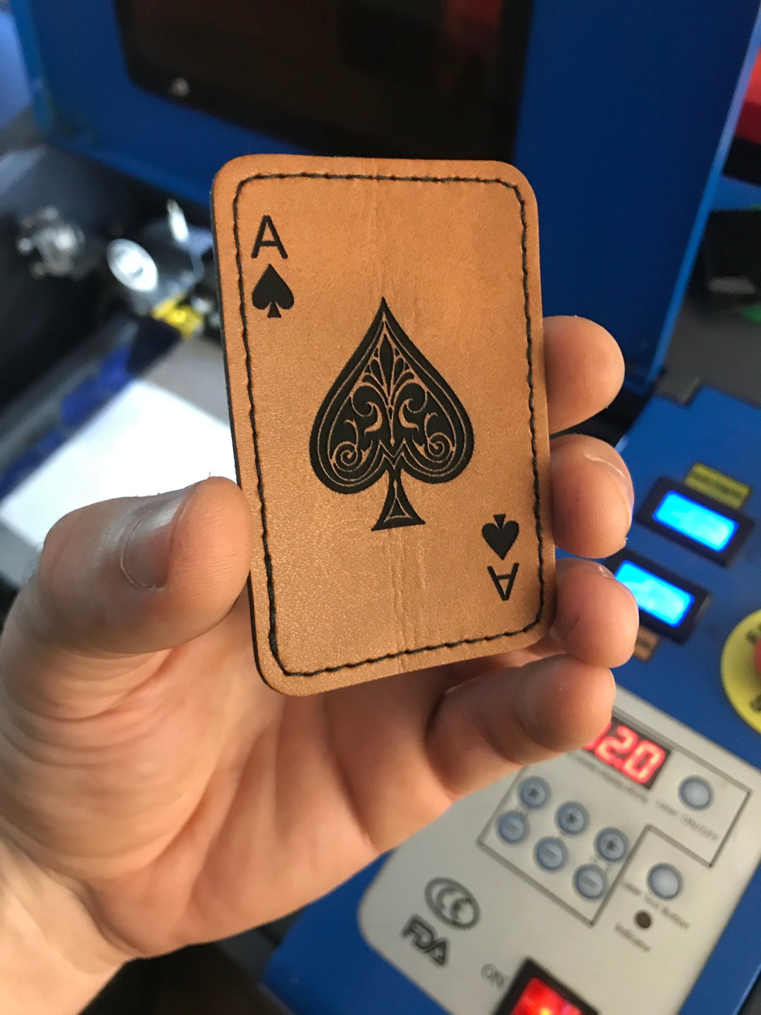 Ace of Spades Leather Engraved Patch, 3x2 Rectangle Aces Brown Burning ...