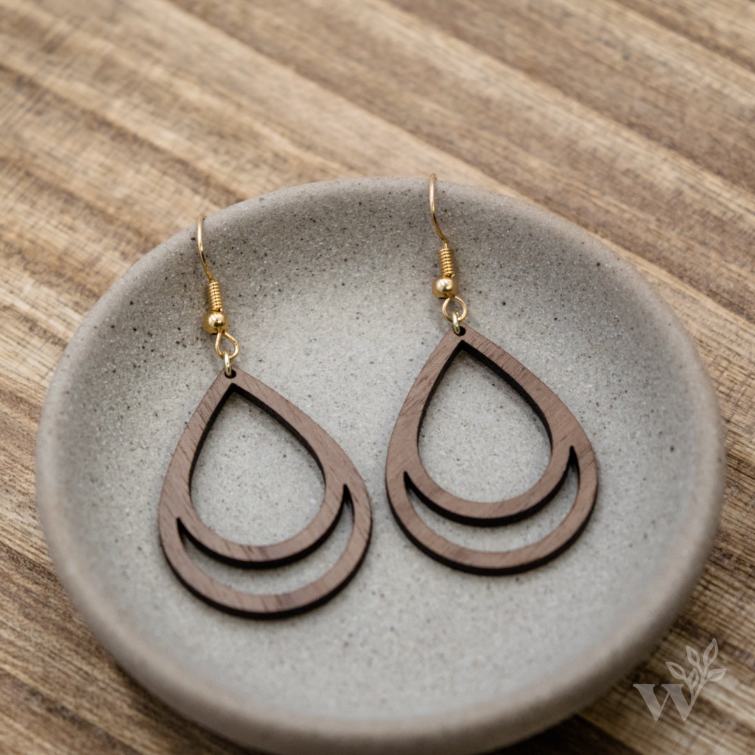 Dew Drop Walnut Wood Earrings Laser Cut Statement Earrings Lightweight ...