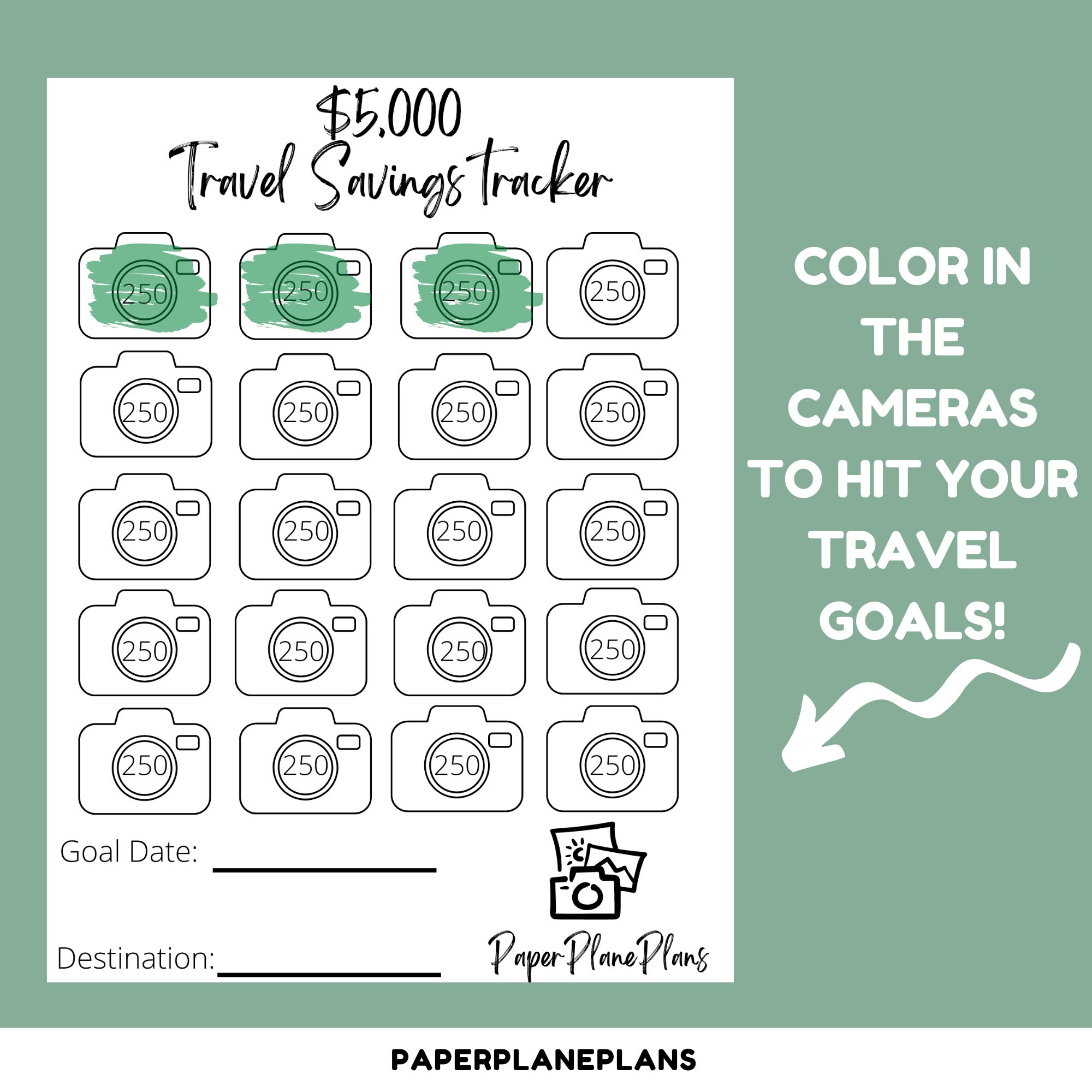 Camera Printable Travel Savings Tracker, 5,000 Vacation Goals Challenge ...