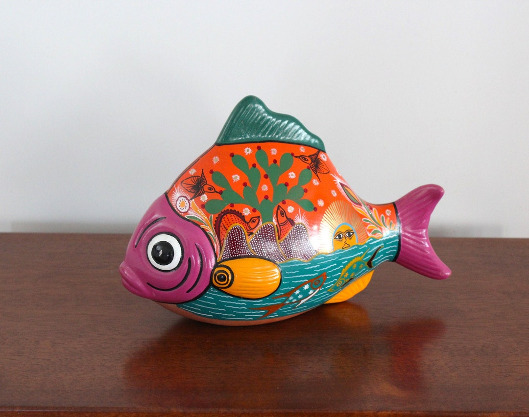 Large Colorful Hand Painted Clay Fish Figurine From Mexico. - Etsy