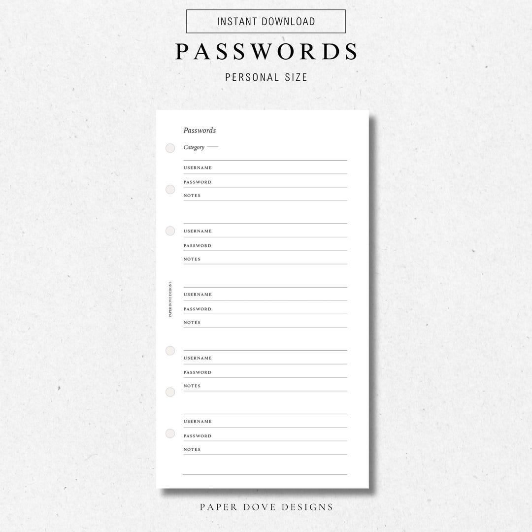 Password Tracker Printable Planner Insert PERSONAL Weekly Agenda ...