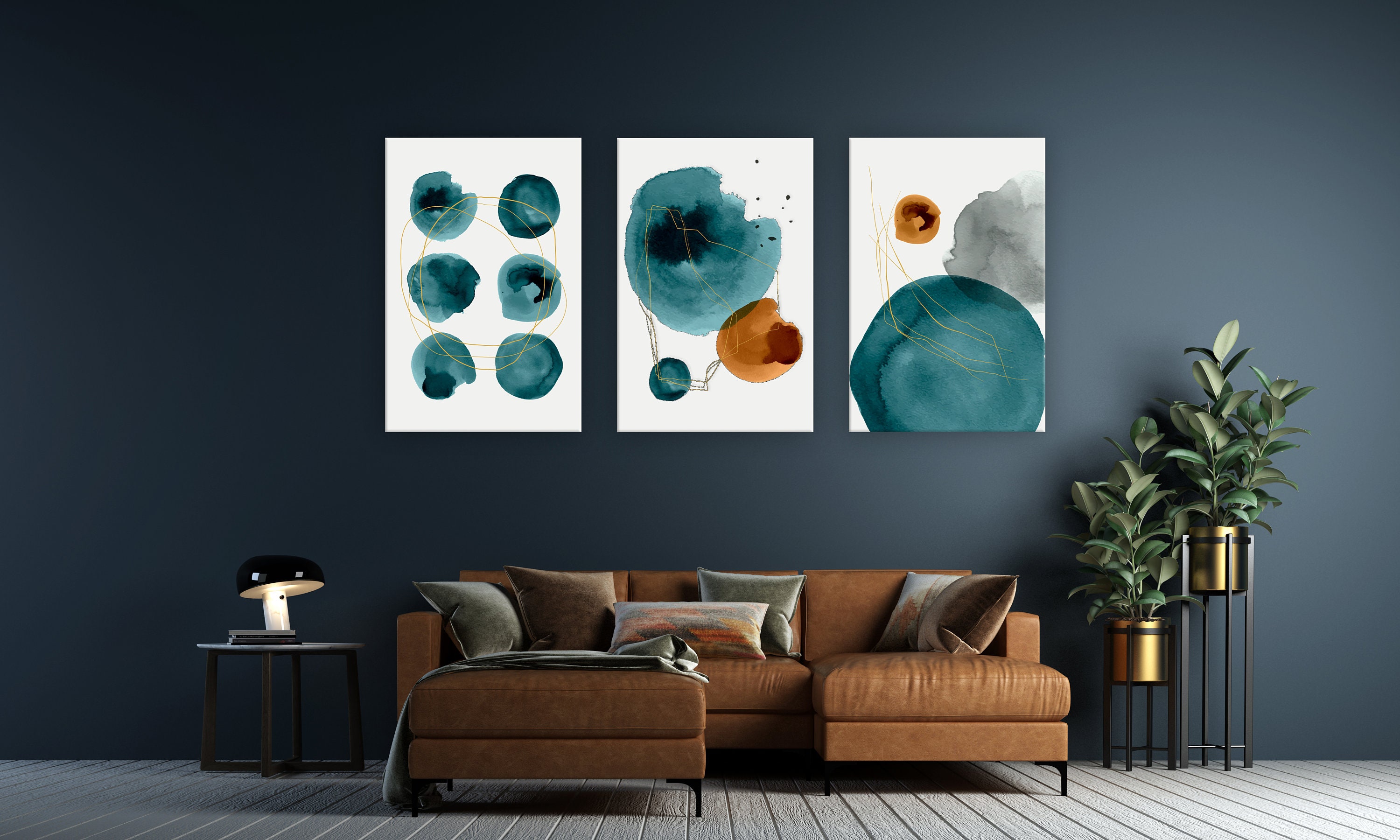 Three Panel Set of Teal Circular Shapes Abstract Artwork for Hotel ...