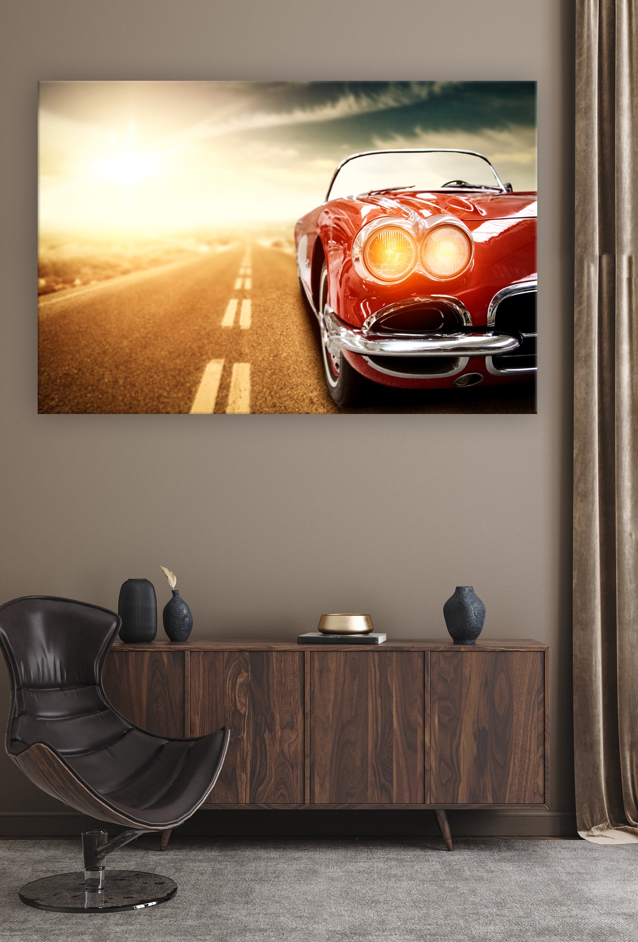 Red Classic Car Canvas, 1950s American Classic Car Wall Art, Vintage ...