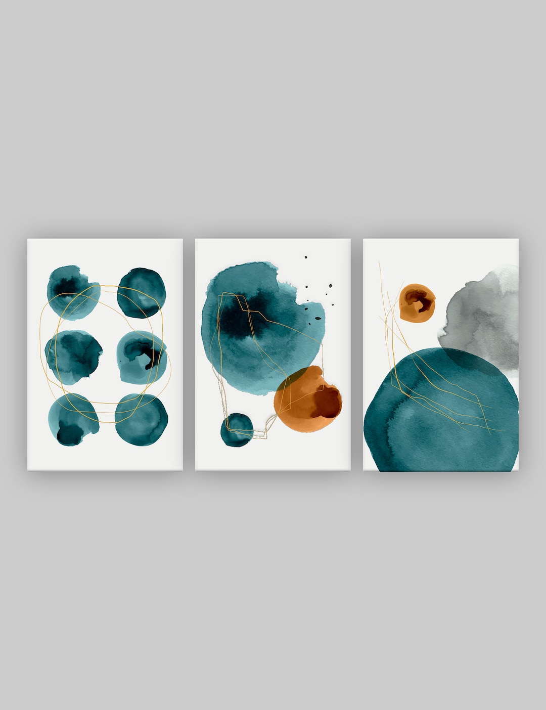Three Panel Set of Teal Circular Shapes Abstract Artwork for Hotel ...