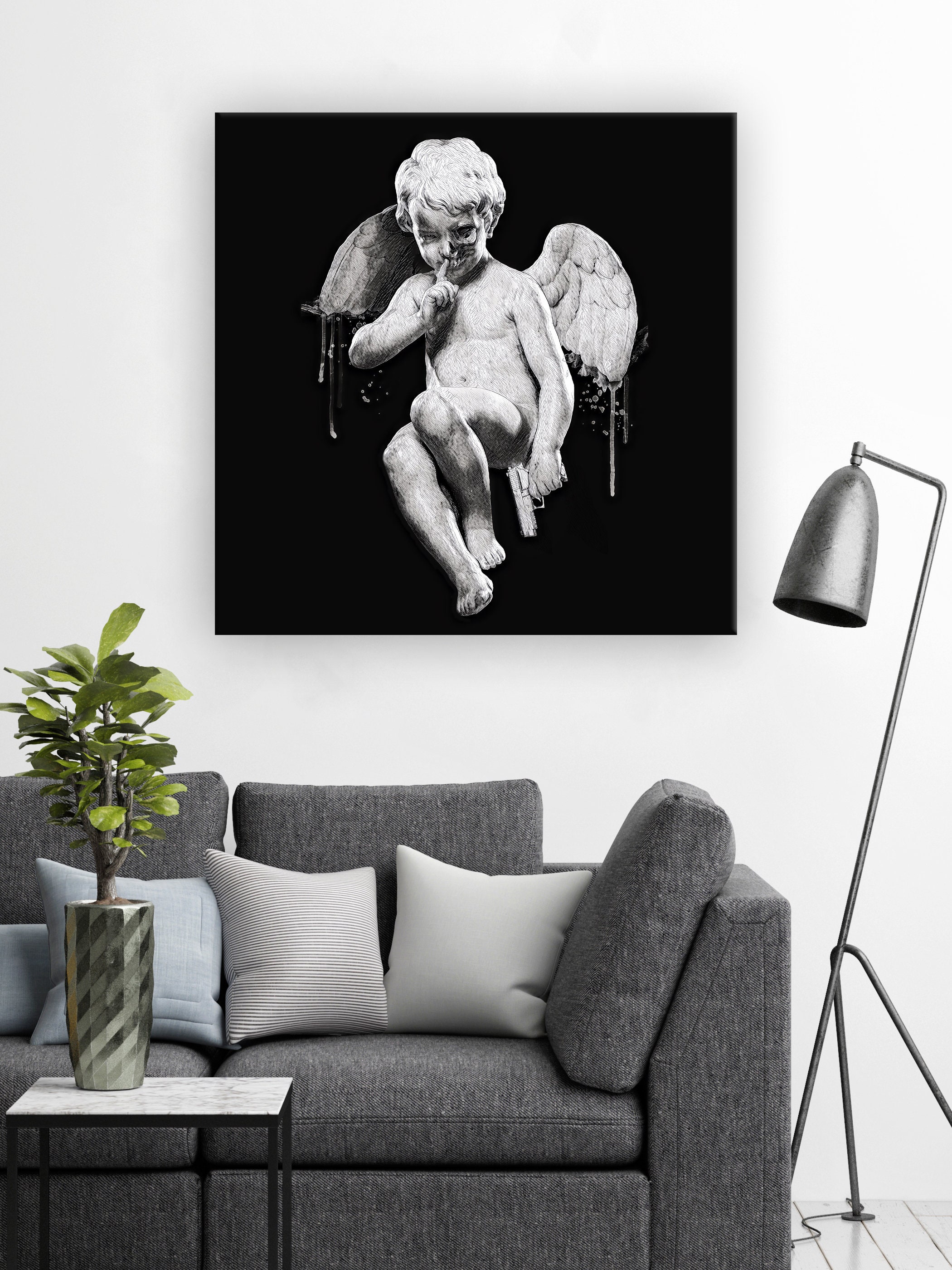 Gangster Cupid Sketch Art White on Black Sculpture Statue Inspired Eros ...