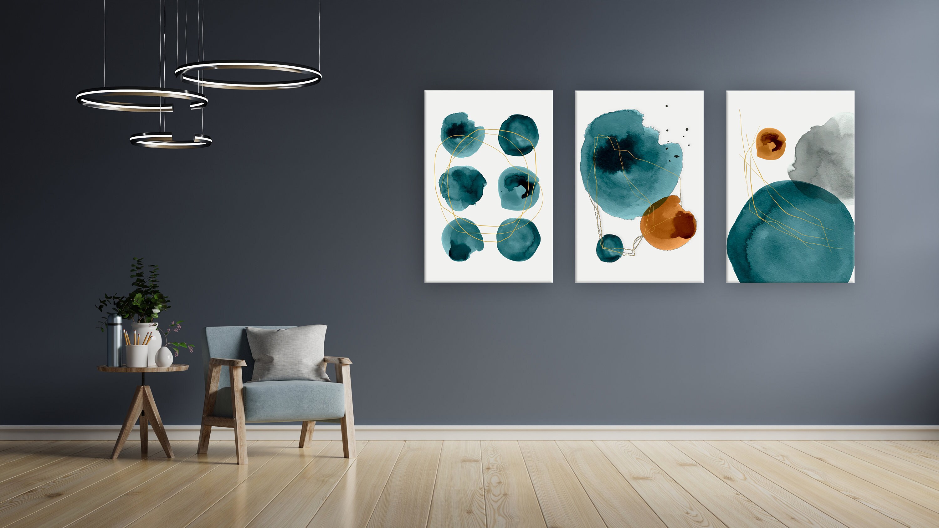 Three Panel Set of Teal Circular Shapes Abstract Artwork for Hotel ...