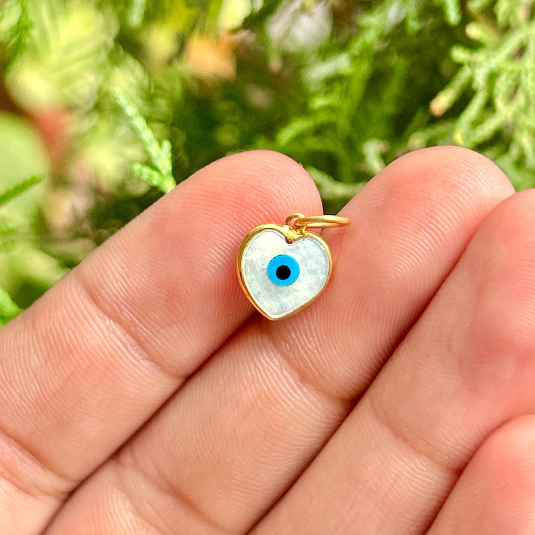 Mother of Pearl Evil Eye Heart Pendant 18K 14K Silver Solid Gold Bezel ...