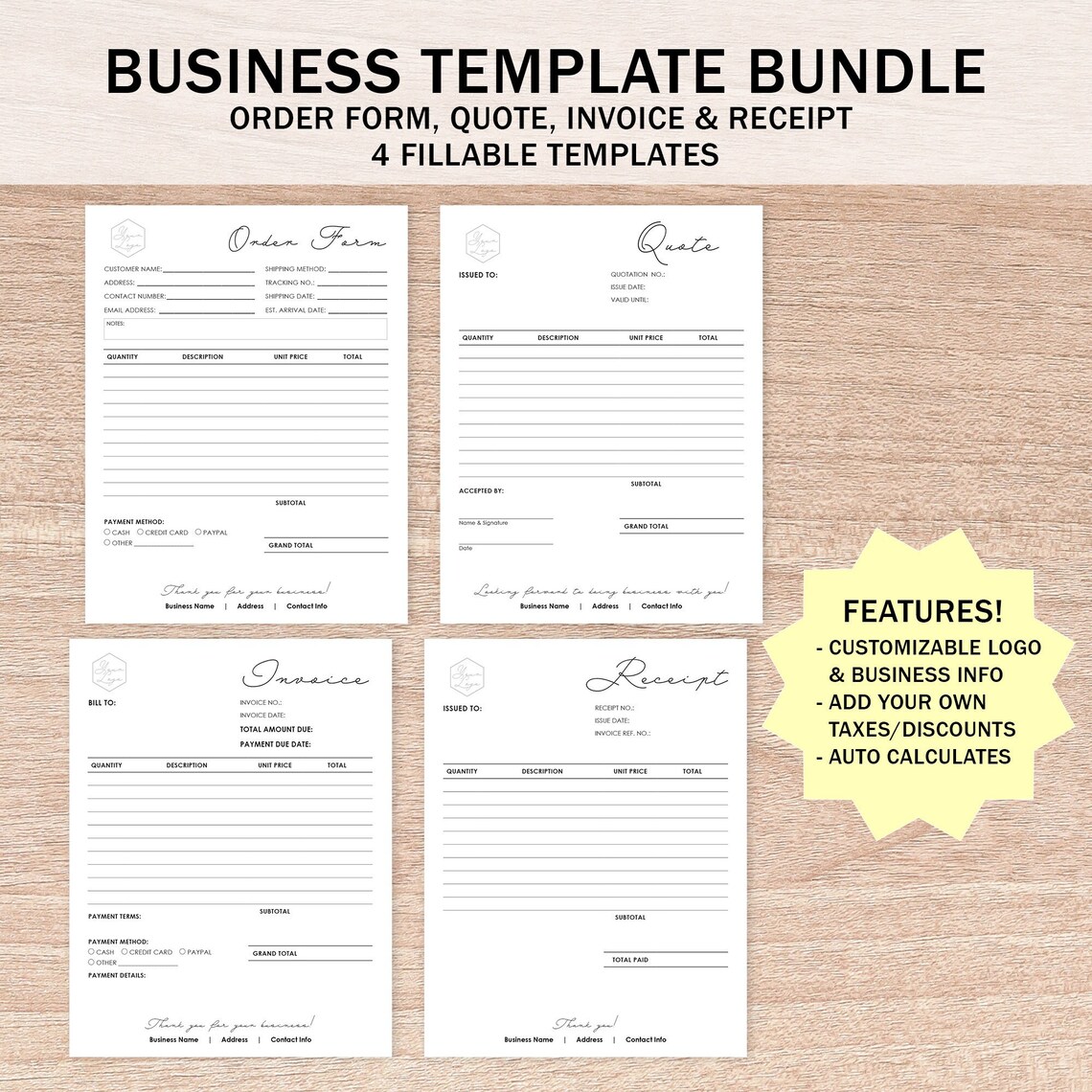 Small Business Forms, Editable, Fillable, Printable, Order Form, Quote ...