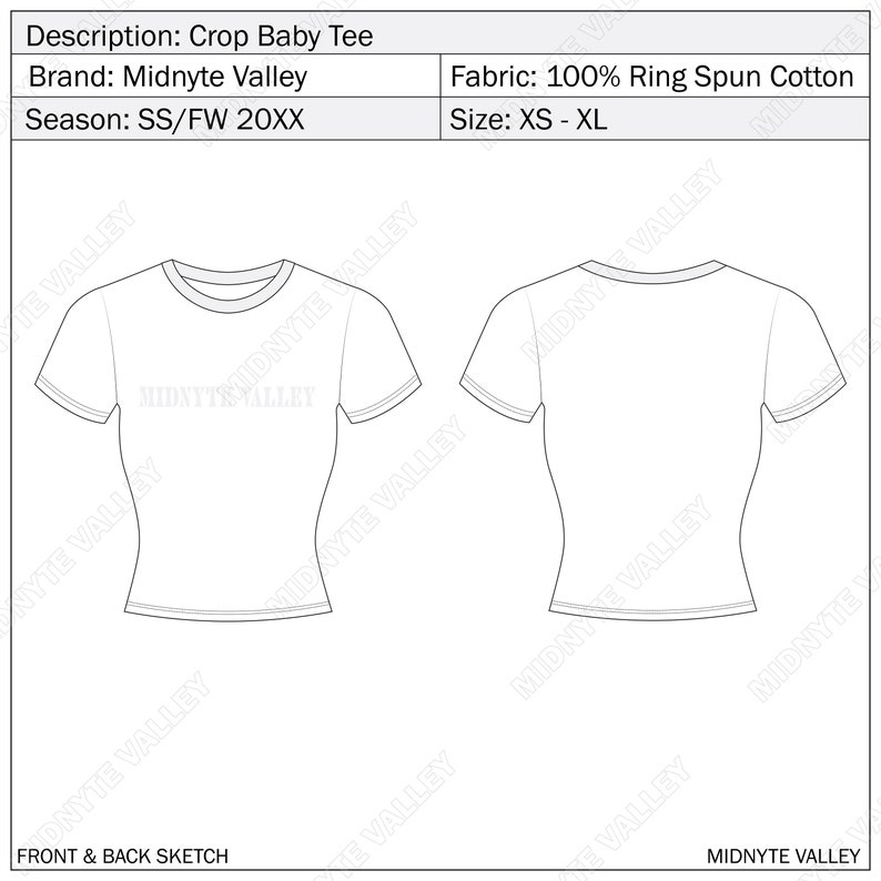 Baby Tee Mock up for Fashion Design Tech Pack Technical Flat Sketch CAD ...