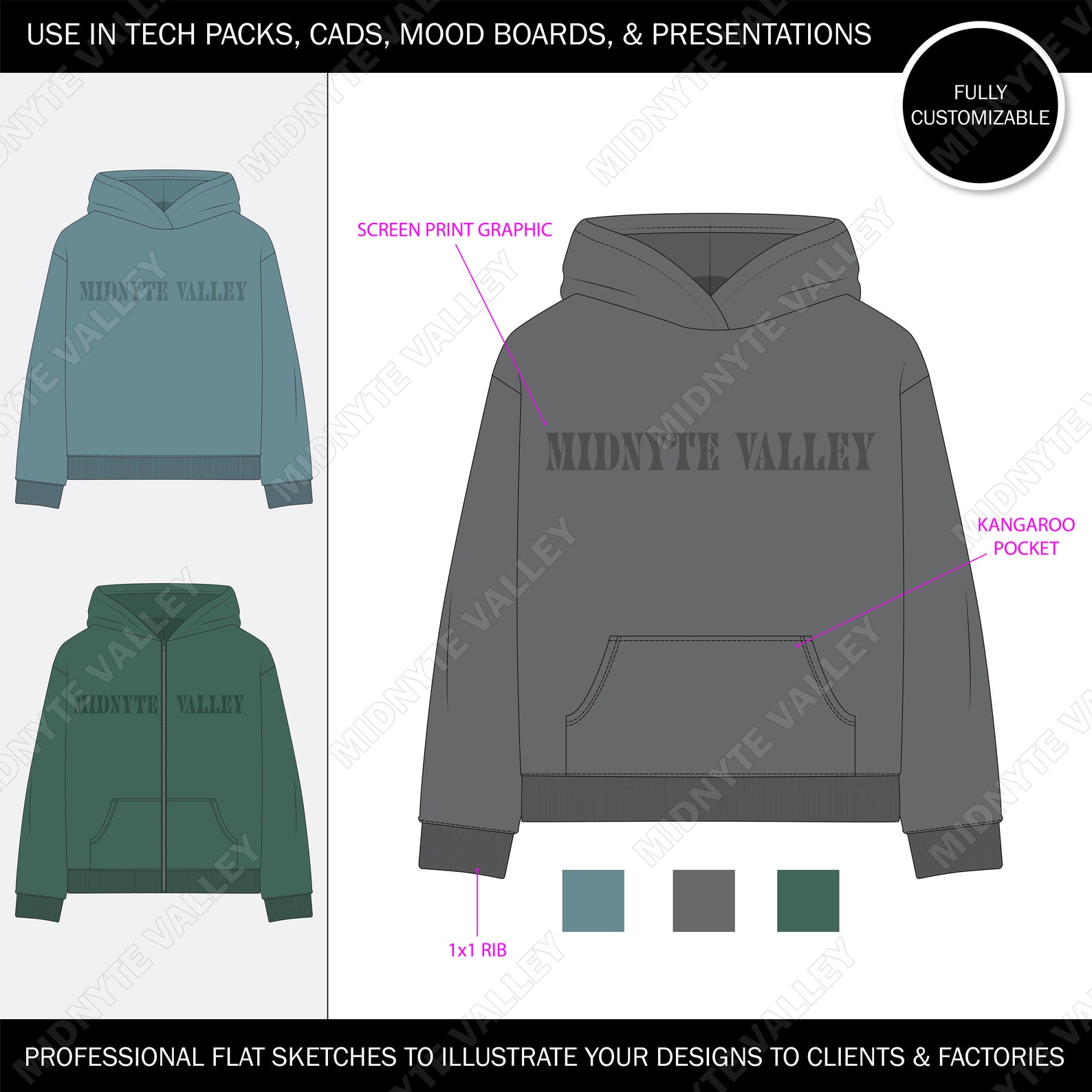 Hoodie Zip up Pocket Set Mock up for Fashion Design Tech Pack Technical ...